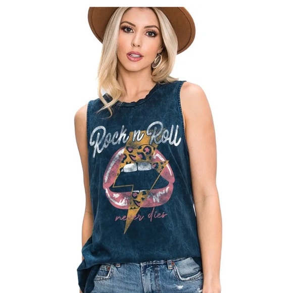 Tops | Hrt Luv Rock And Roll Never Dies Graphic Tank Top Navy Blue ...